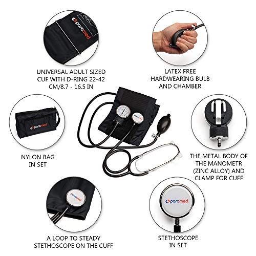 PARAMED Aneroid Sphygmomanometer with Stethoscope – Manual Blood Pressure Cuff with Universal Cuff 8.7-16.5" and D-Ring – Carrying Case in The kit – Black