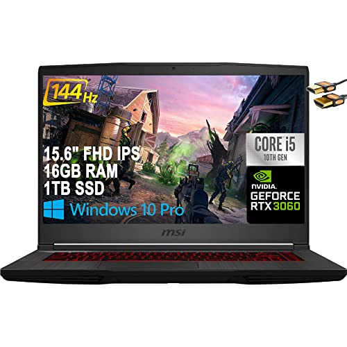 MSI GF65 Thin Gaming Laptop 15.6" FHD IPS 144Hz 10th Gen Intel Hexa-Core i5-10500H (Beats i7-9750H) 16GB RAM 1TB SSD GeForce RTX 3060 6GB Backlit Keyboard USB-C Nahimic Win10 Pro Black + HDMI Cable