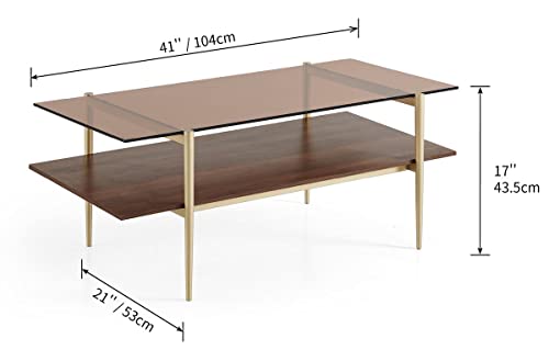 Saint Mossi Tadio Double Layer Glass Coffee Table for Living Room, Brown Glass & Coffee Brown MDF Bottom Shelf