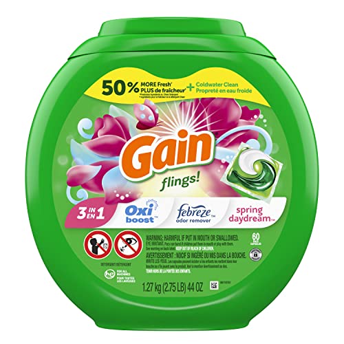 Gain flings! Laundry Detergent Soap Pacs HE Compatible 60 ct Long Lasting Scent Spring Daydream