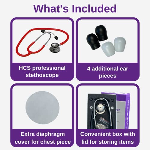 HCS Stethoscope - Premium Stainless Steel - Medical Grade, Clinical Use - 360° Dual Head Chest Piece - Doctors, Nurses, Students, EMT, and Veterinary - Nursing School Essentials - Red Stethoscope
