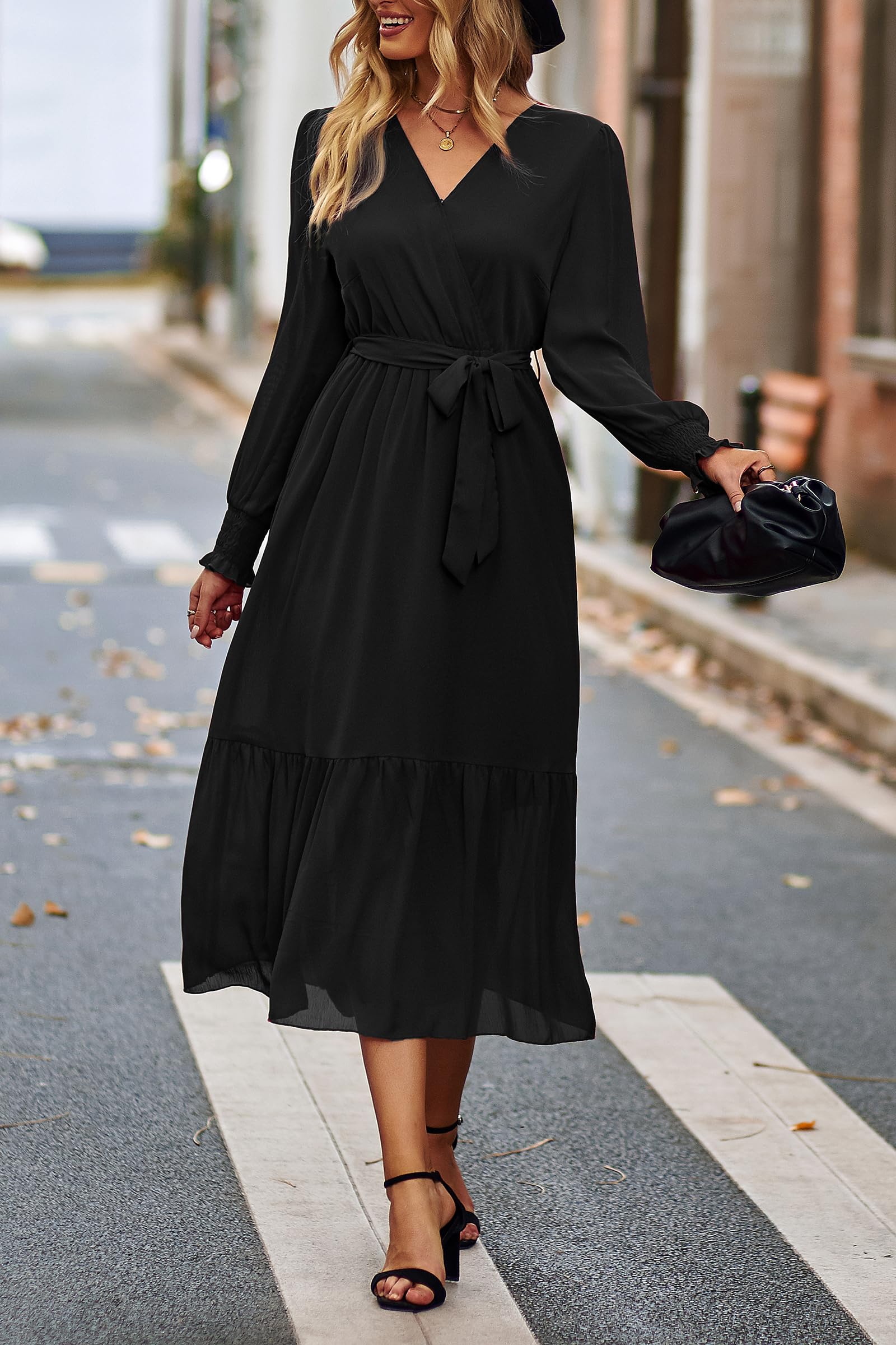 PRETTYGARDEN Women's Floral Print Boho Dress Long Sleeve Wrap V Neck Ruffle Belted A-Line Flowy Maxi Dresses (Solid Black,Large)