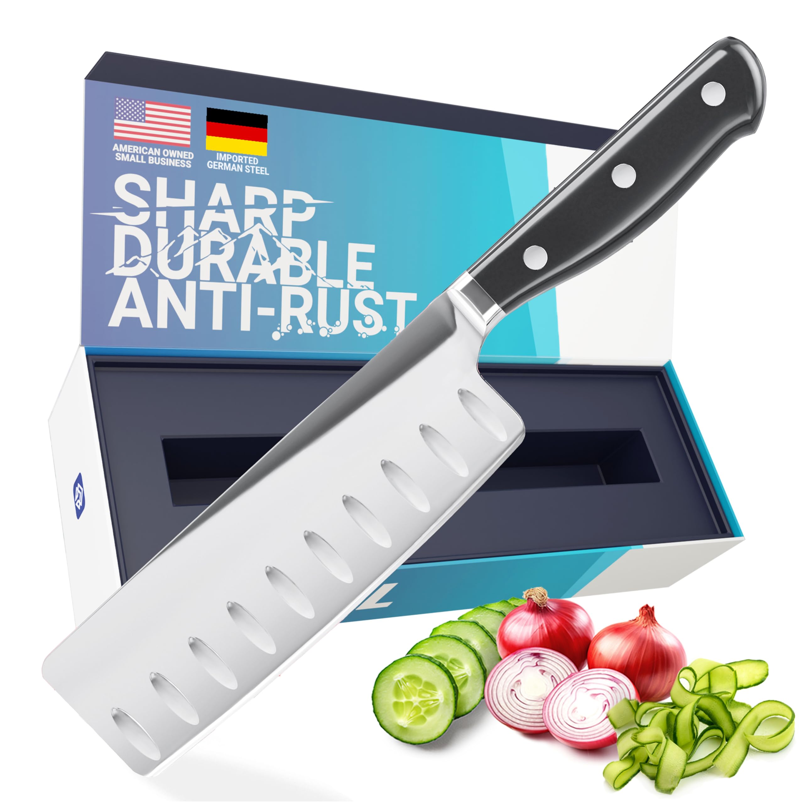 FOXEL Best Nakiri Knife 5.76 Inch Square Vegetable Knife - Hallowed Edge Razor Sharp German High Carbon Steel - Full Tang Balanced Handle for Produce, Fruits, and Veggies