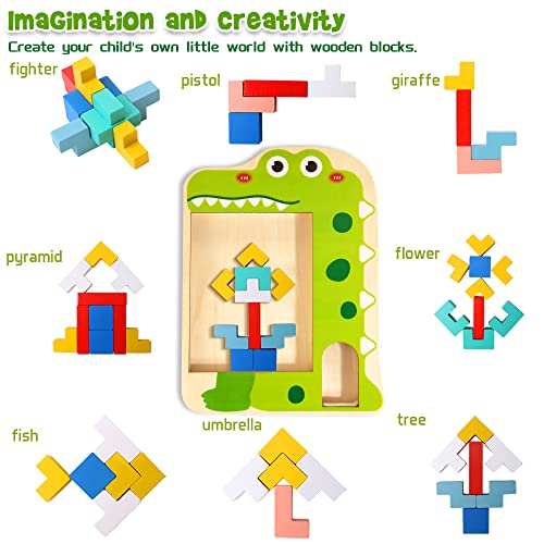 Wooden Blocks Puzzle Brain Teasers Toy Tangram Jigsaw for Kids 3D Russian Blocks Montessori STEM Educational Toy Pattern Blocks Gift for 3 4 5 6 7 Year Old Boys Girls