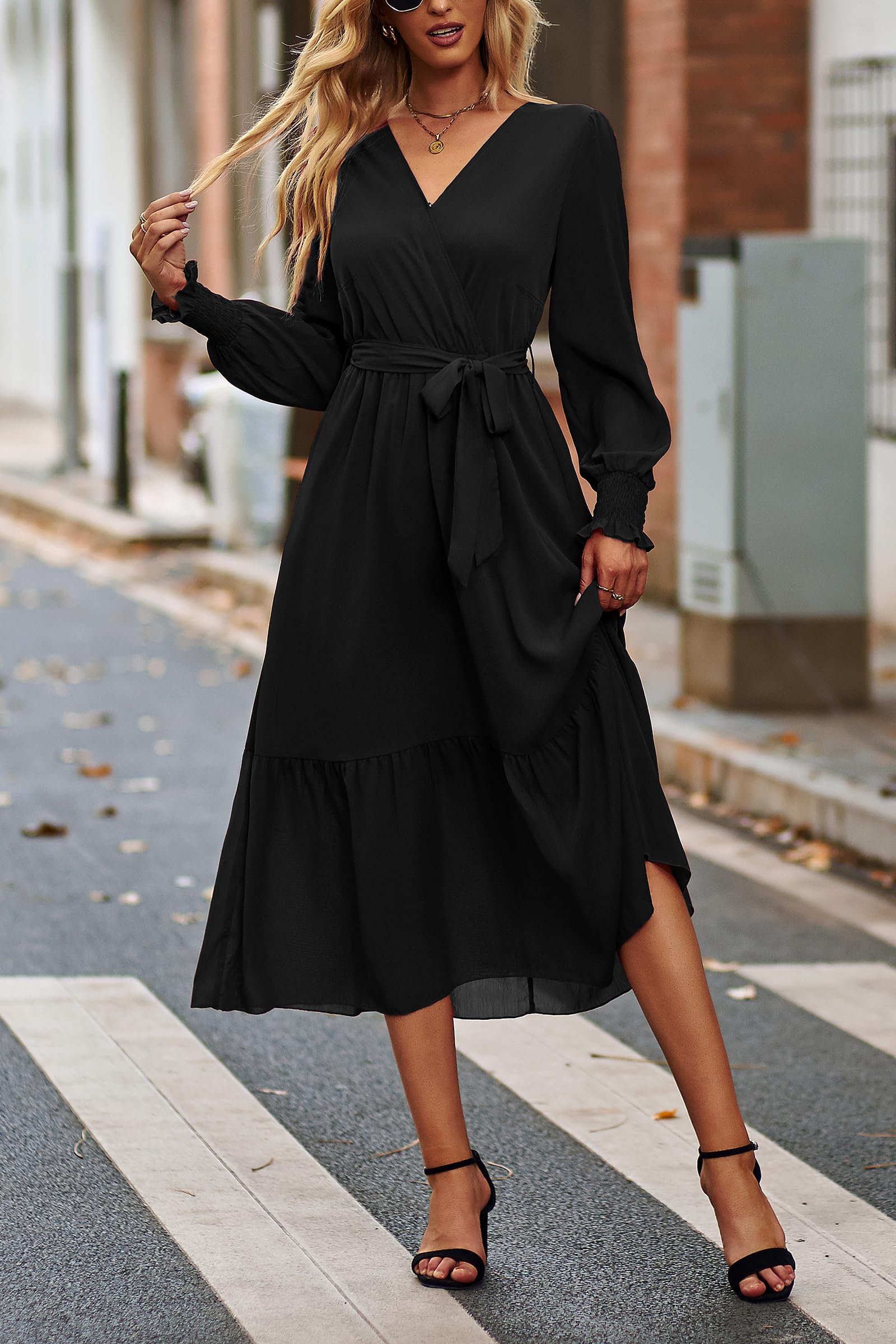 PRETTYGARDEN Women's Floral Print Boho Dress Long Sleeve Wrap V Neck Ruffle Belted A-Line Flowy Maxi Dresses (Solid Black,Large)