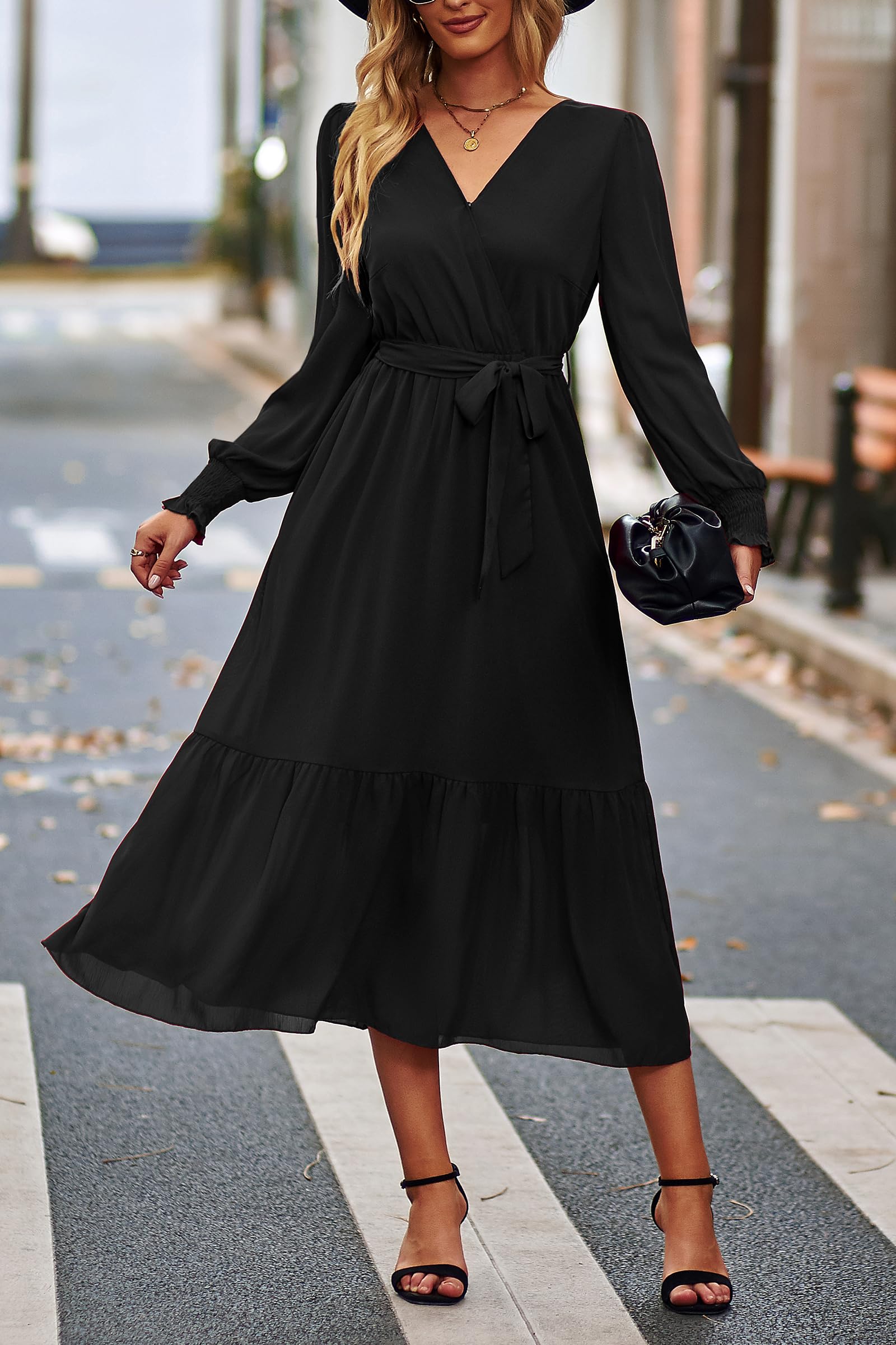 PRETTYGARDEN Women's Floral Print Boho Dress Long Sleeve Wrap V Neck Ruffle Belted A-Line Flowy Maxi Dresses (Solid Black,Large)