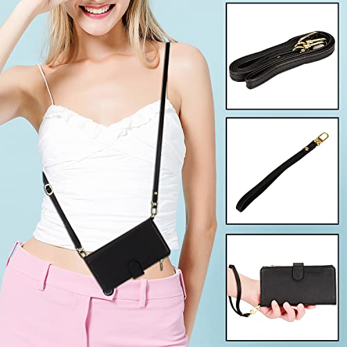 REKALRO for Galaxy Z Fold 4 Wallet Case with Card Holders, PU Leather Case Wallet Women with Long Lanyard, Wireless Charging Zipper Kickstand Magnetic Phone Case for Samsung Galaxy Z Fold 4 5G (Black)