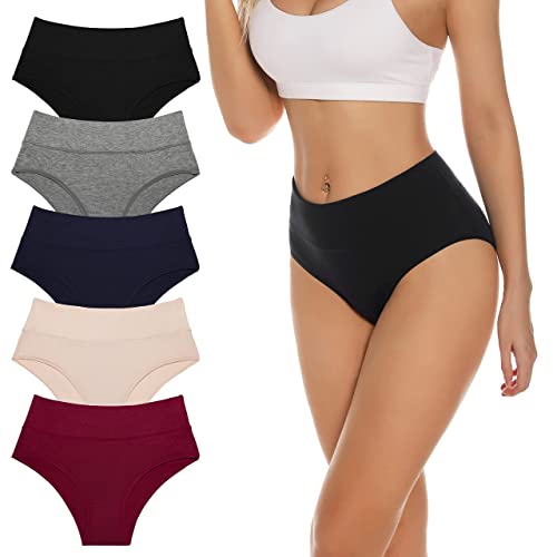 Riozz Women's High Waisted Cotton Underwear Tummy Control Briefs Ladies Full Coverage Soft Breathable Panties-5 Pack