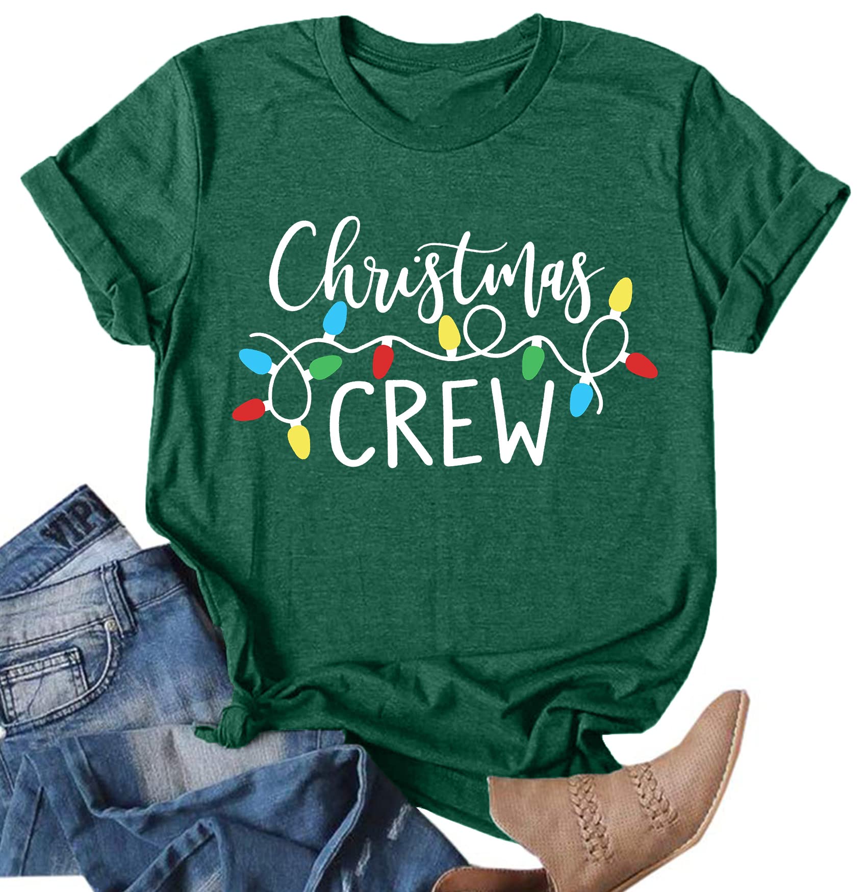 Christmas Crew Shirts for Women Xmas Shirt Top Short Sleeve Christmas Lights Print Graphic T Shirt Holiday Tees Green
