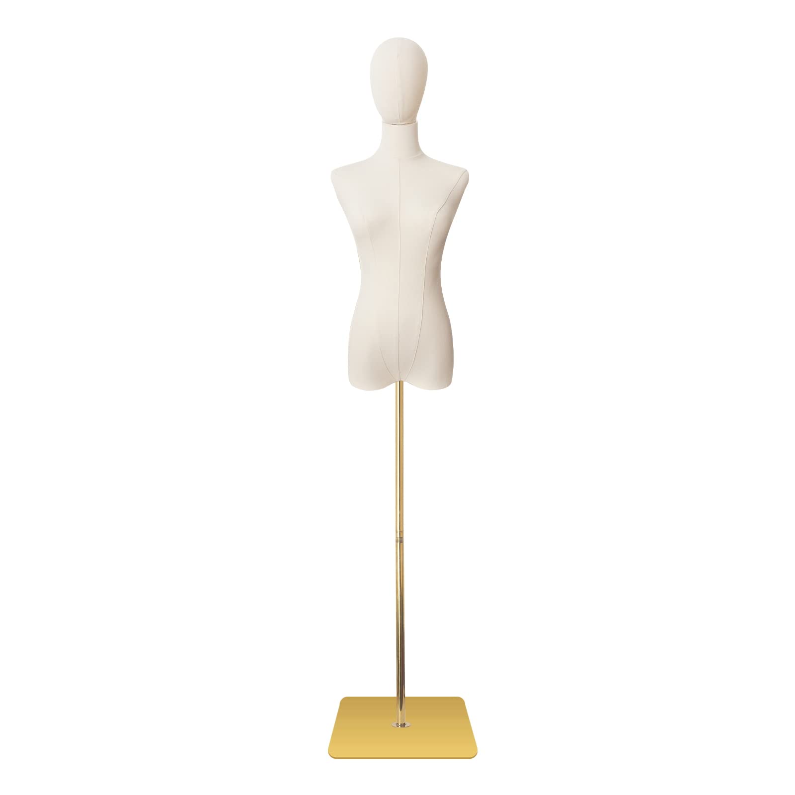 Female Mannequin Torso Dress Forms for Sewing Manicanequin Body Gold Metal Stand Detachable Head for Clothing Dress Jewelry Display, No Hands