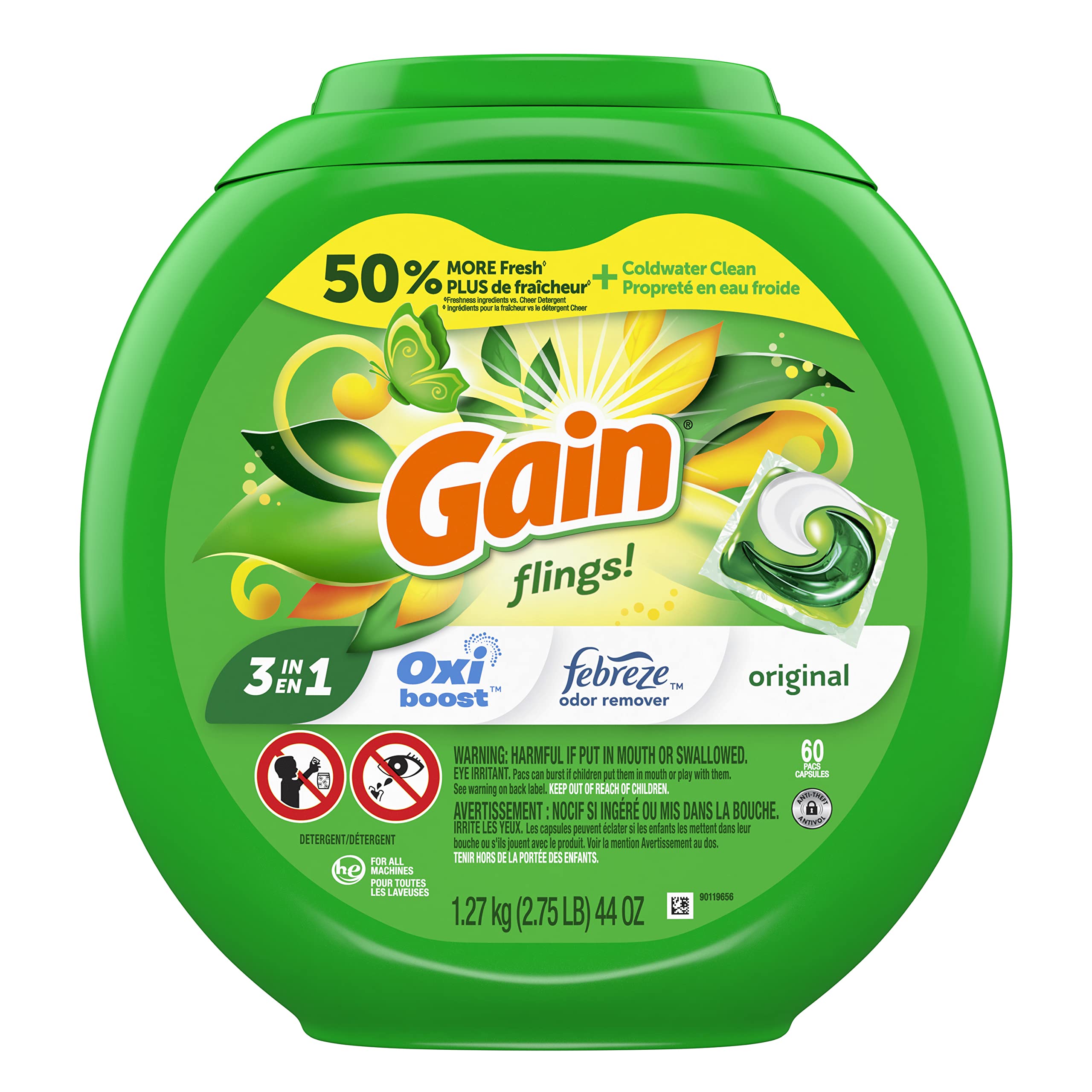 Gain flings! Laundry Detergent Soap Pacs HE Compatible 60 ct Long Lasting Scent Original Scent