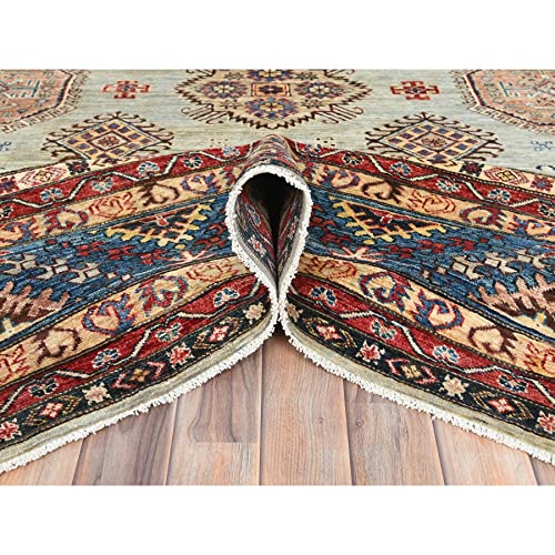 Shahbanu Rugs Light Gray Vegetable Dyes Dense Weave Soft Wool Hand Knotted Afghan Super Kazak with Geometric Medallions Oriental Rug (8'10"x12'1")