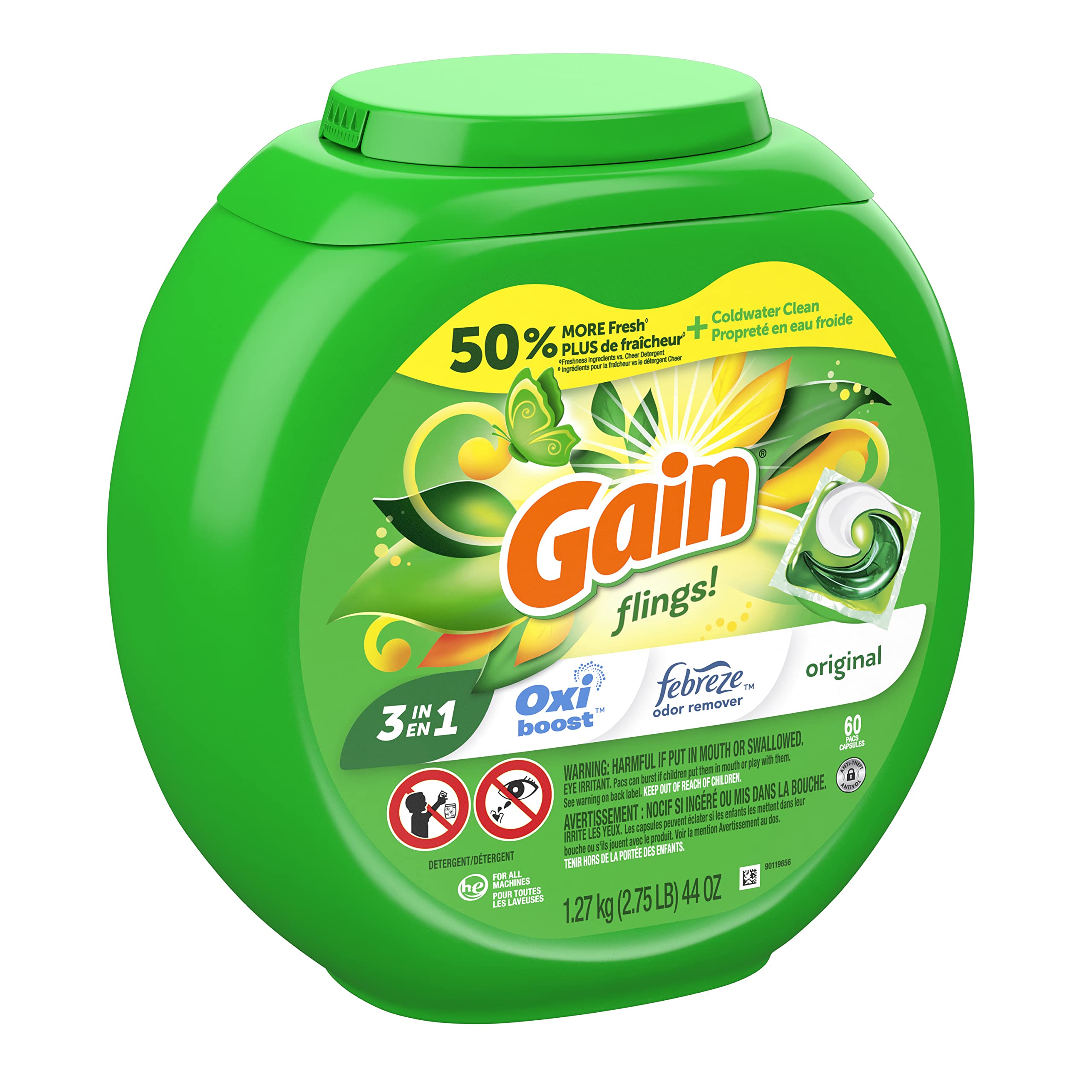 Gain flings! Laundry Detergent Soap Pacs HE Compatible 60 ct Long Lasting Scent Original Scent