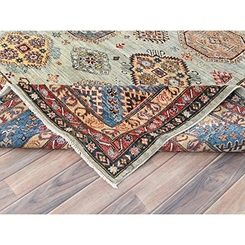 Shahbanu Rugs Light Gray Vegetable Dyes Dense Weave Soft Wool Hand Knotted Afghan Super Kazak with Geometric Medallions Oriental Rug (8'10"x12'1")