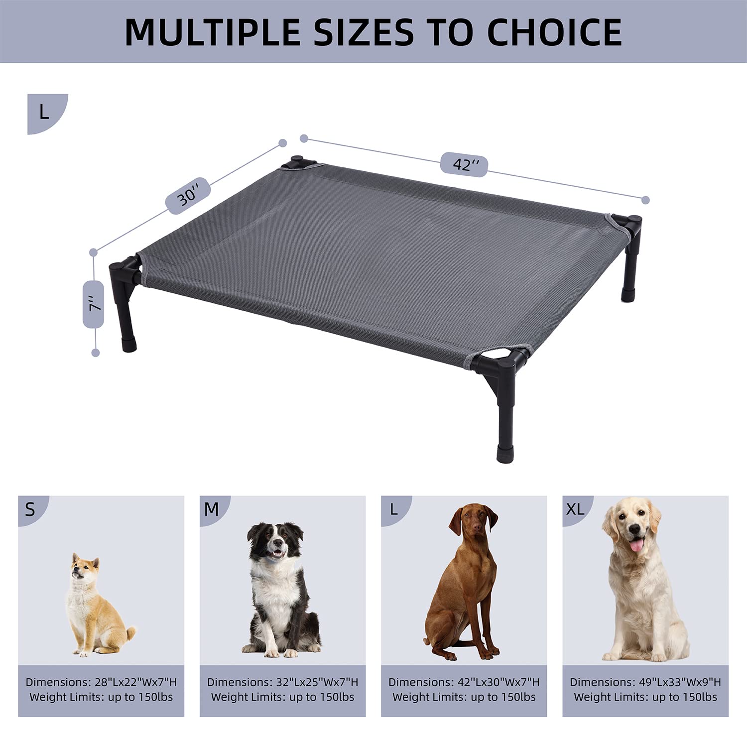 pettycare Elevated Outdoor Dog Bed - Raised Cot for Large Dogs, Heavy Duty Pet Cots Waterproof, Cooling, Washable Breathable Teslin Mesh, Durable, Non Slip, 42 Inches, Grey