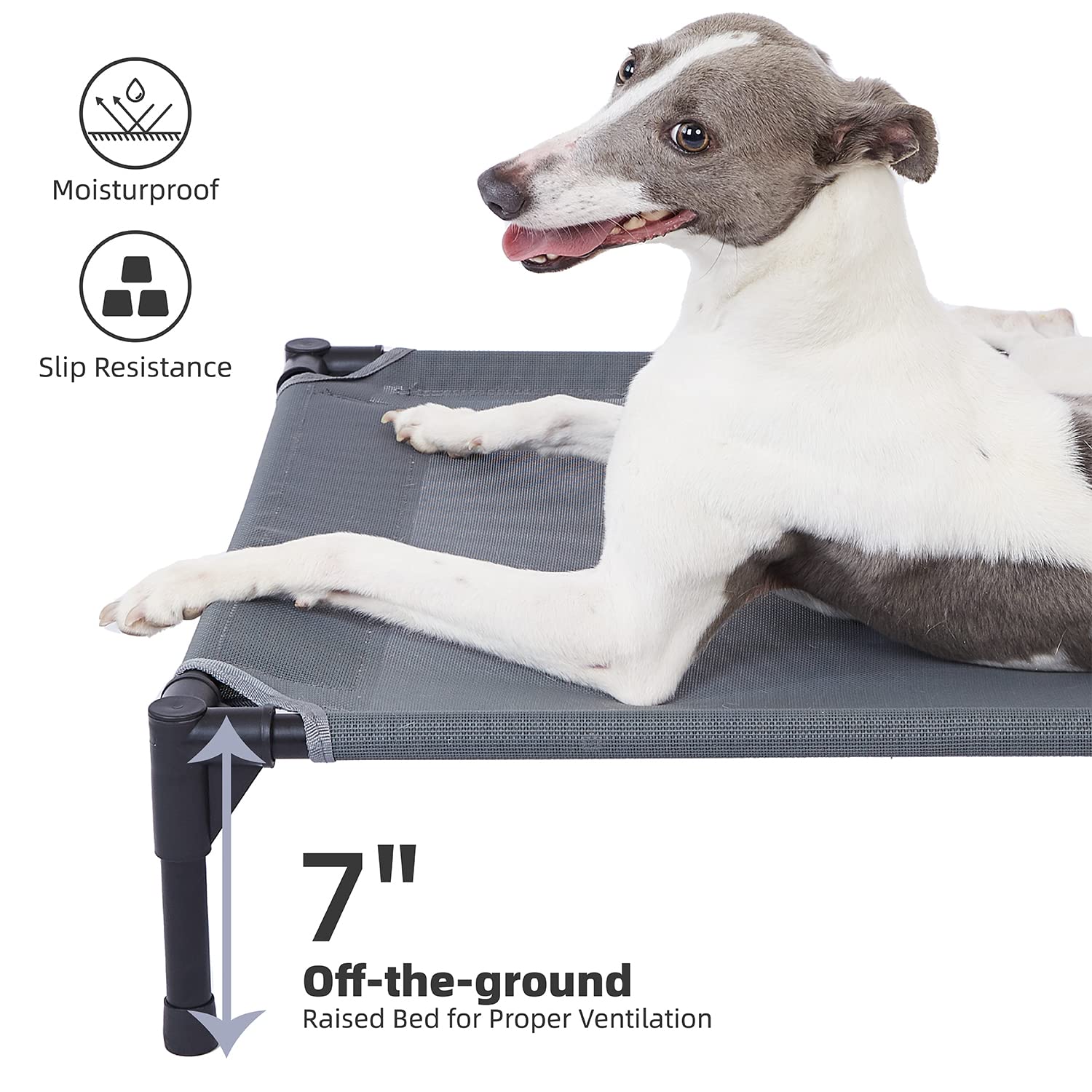 pettycare Elevated Outdoor Dog Bed - Raised Cot for Large Dogs, Heavy Duty Pet Cots Waterproof, Cooling, Washable Breathable Teslin Mesh, Durable, Non Slip, 42 Inches, Grey