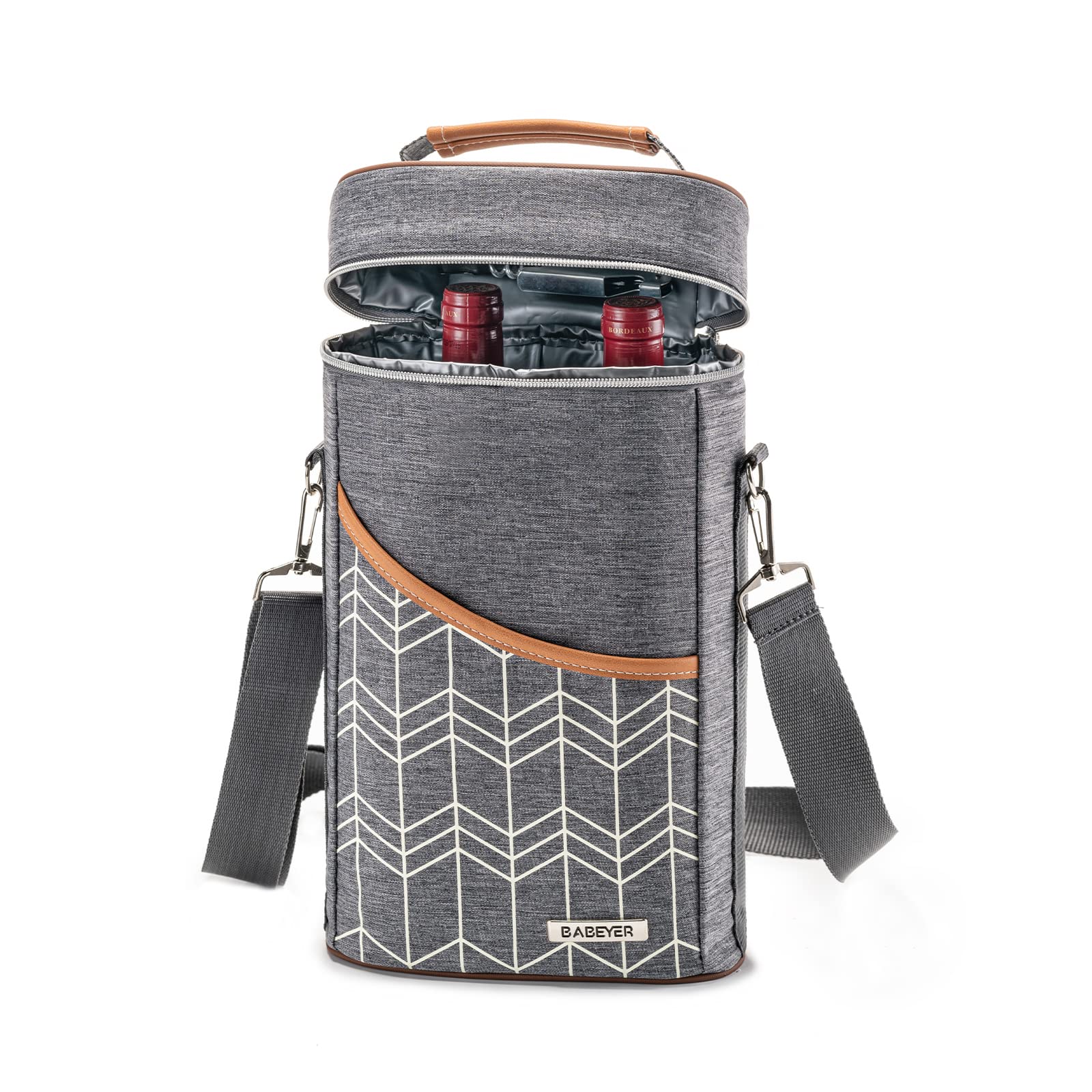 BABEYER 2 Bottles Wine Tote Bag Insulated Wine Cooler Carrier for Wine Tasting, Party, Travel, Beach, BYOB Restaurant, Sport Events, Wine Gifts for Women Wine Lovers-Grey