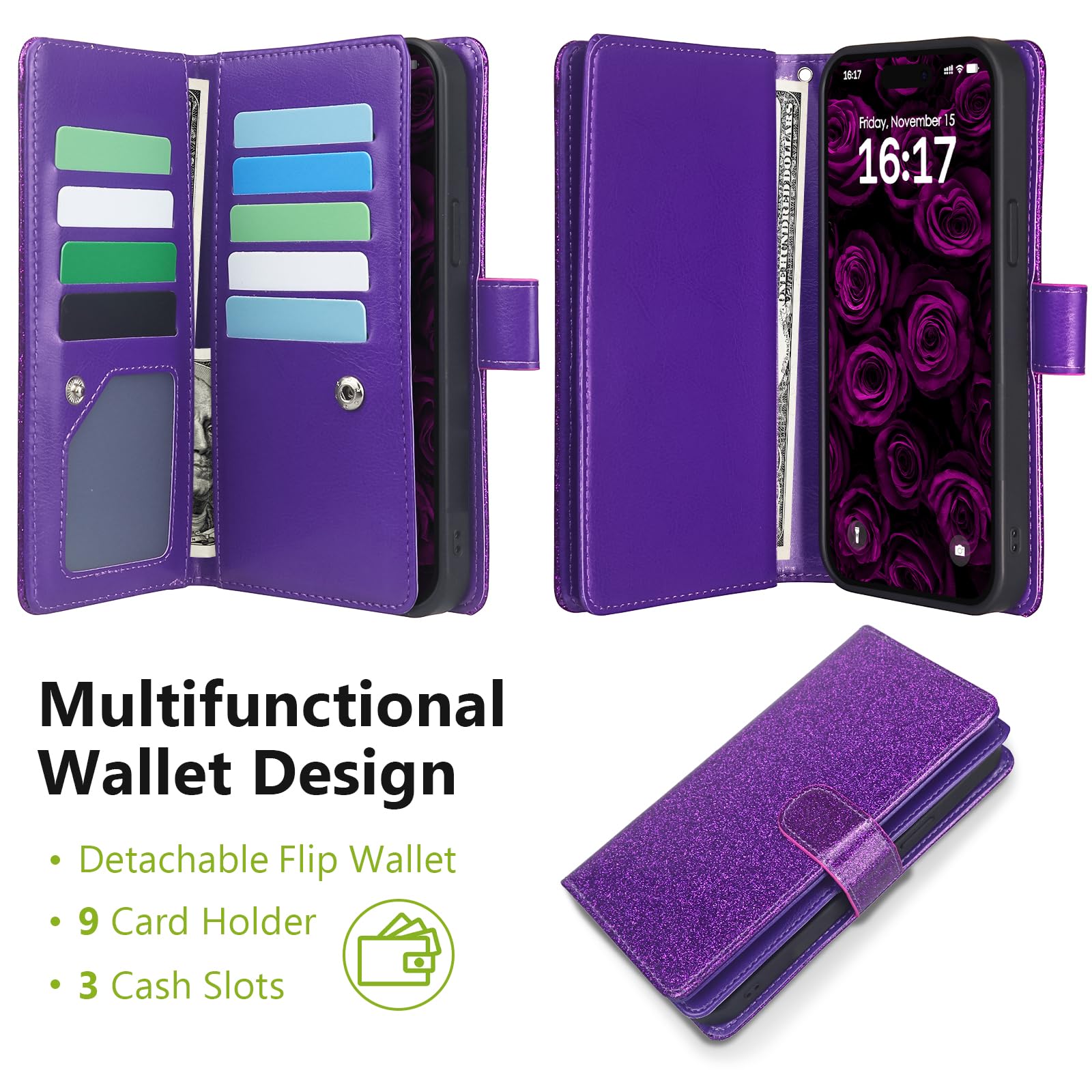 Varikke for iPhone 14 Pro Max Wallet Case Detachable with Card Holder for Women, Fashion Glitter Leather Strap Magnetic Flip Wallet Removable Phone Case Cover for iPhone 14 Pro Max 6.7", Dark Purple