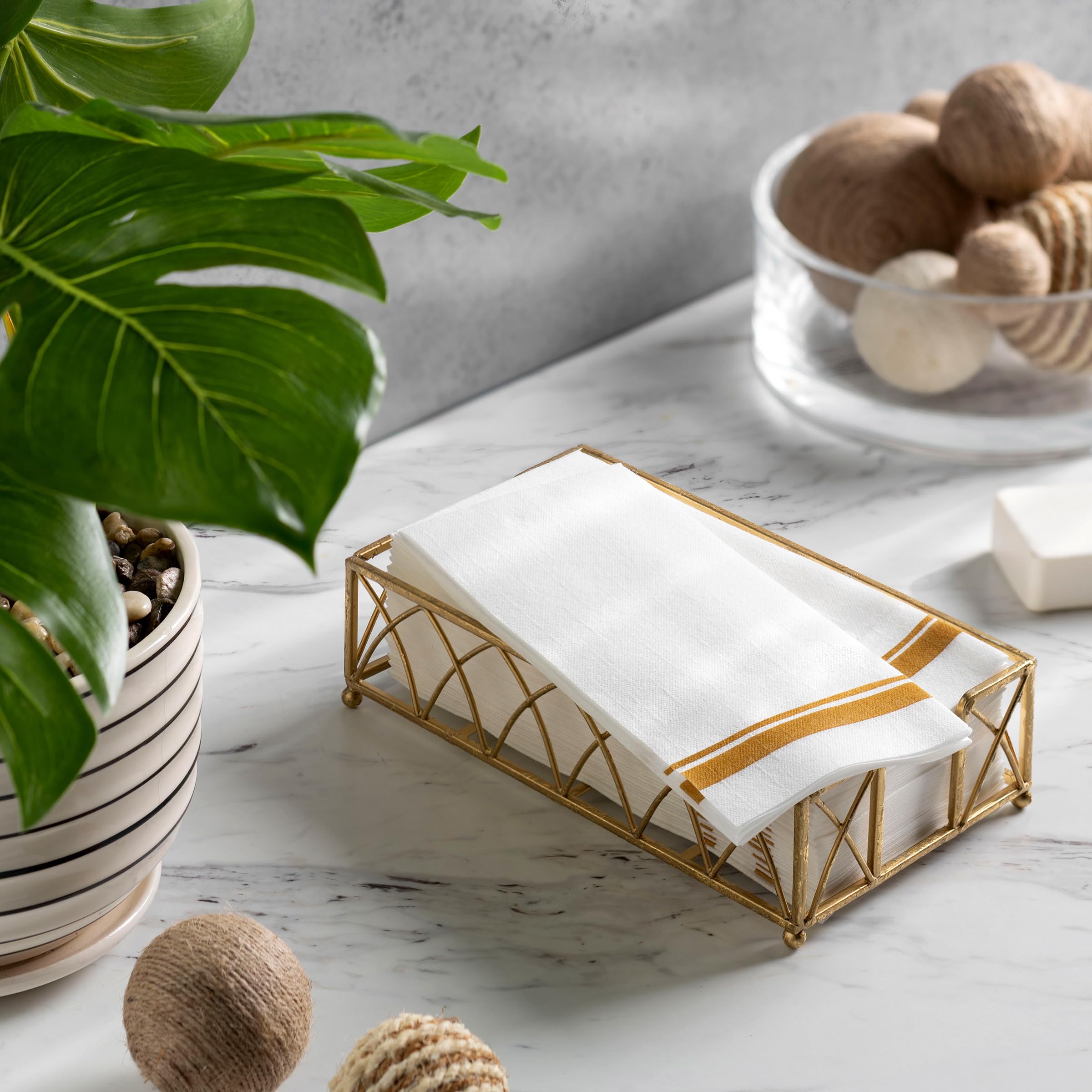 Disposable Linen-Feel Peper Napkins, Decorative White Guest Towels, 12" x 17" Gold Line Hand Napkins For Wdding, Party Or Event - Pack of 100