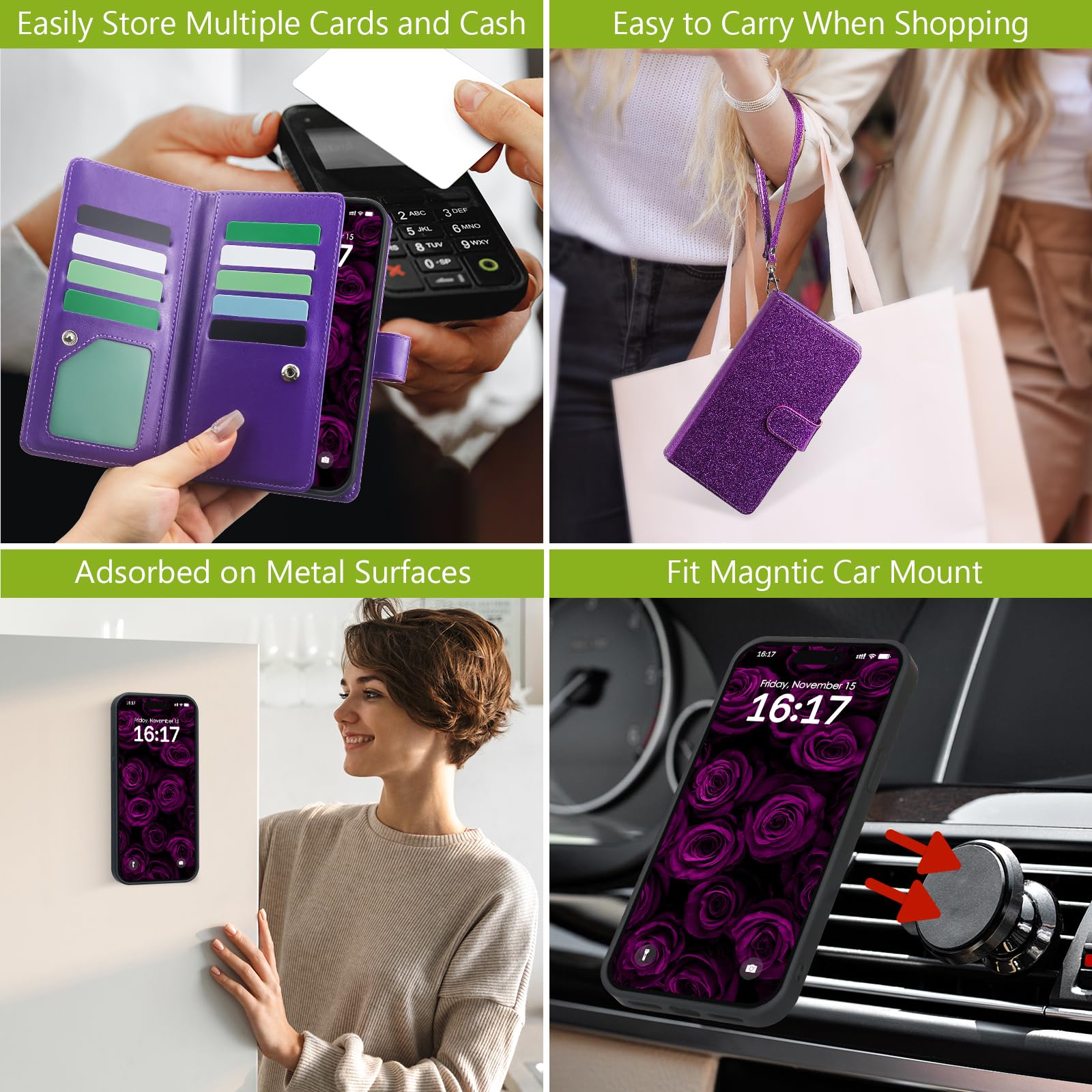 Varikke for iPhone 14 Pro Max Wallet Case Detachable with Card Holder for Women, Fashion Glitter Leather Strap Magnetic Flip Wallet Removable Phone Case Cover for iPhone 14 Pro Max 6.7", Dark Purple
