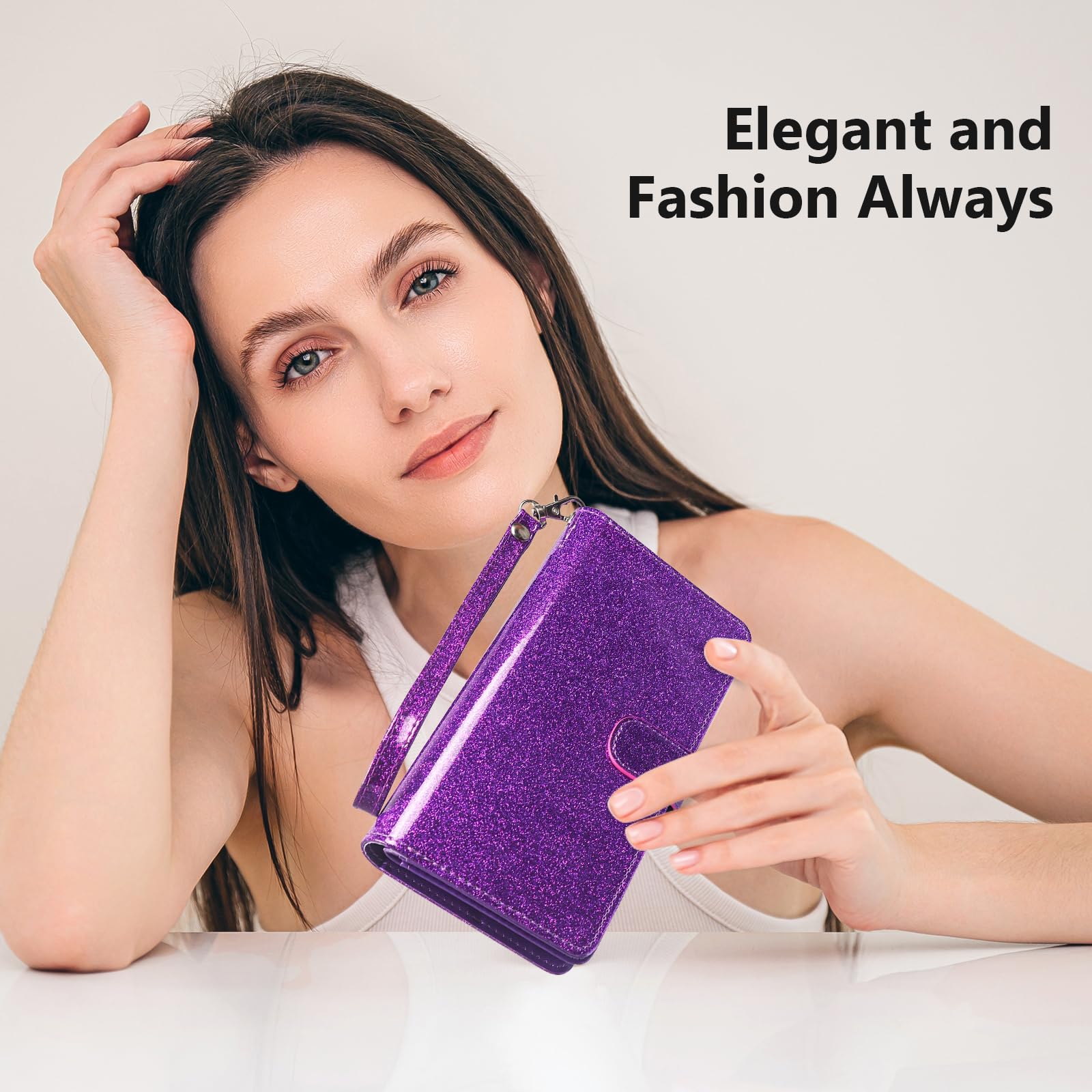 Varikke for iPhone 14 Pro Max Wallet Case Detachable with Card Holder for Women, Fashion Glitter Leather Strap Magnetic Flip Wallet Removable Phone Case Cover for iPhone 14 Pro Max 6.7", Dark Purple