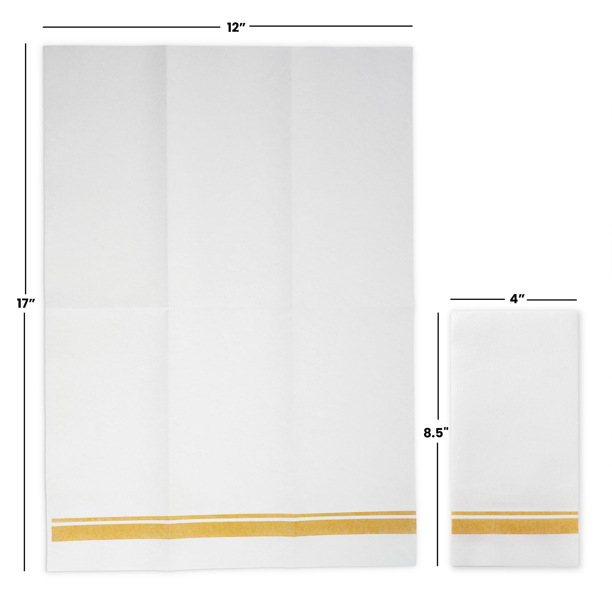 Disposable Linen-Feel Peper Napkins, Decorative White Guest Towels, 12" x 17" Gold Line Hand Napkins For Wdding, Party Or Event - Pack of 100