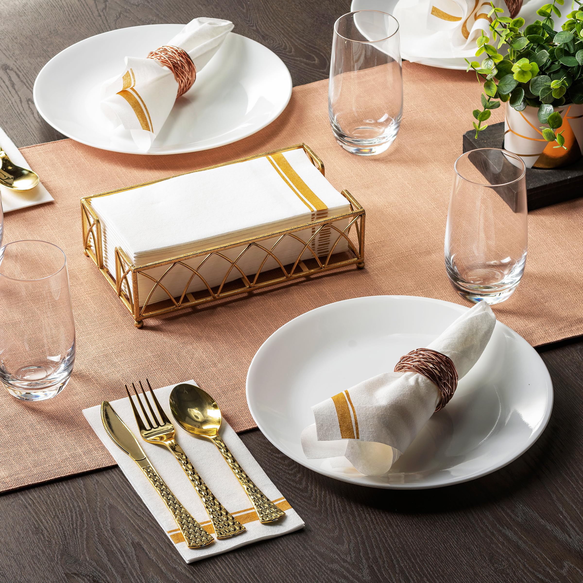 Disposable Linen-Feel Peper Napkins, Decorative White Guest Towels, 12" x 17" Gold Line Hand Napkins For Wdding, Party Or Event - Pack of 100