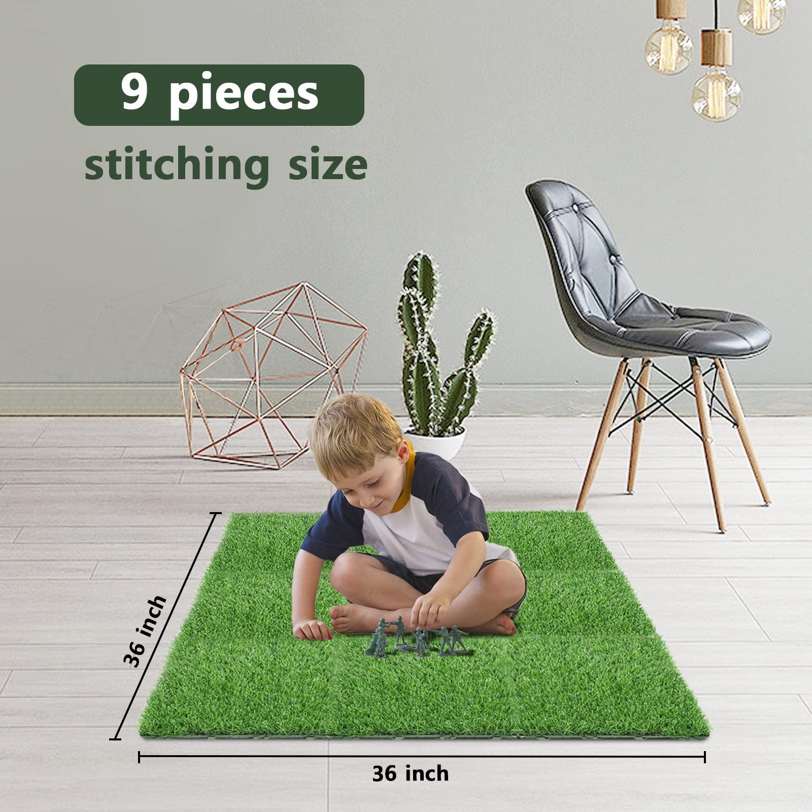 Loytryal Artificial Grass Turf Tiles Interlocking Fake Grass Mat Tiles 9PCS 12''x12'' Floor Decoration Grass Pad Tiles with Waterproof Bottom Plate for Outdoor & Indoor