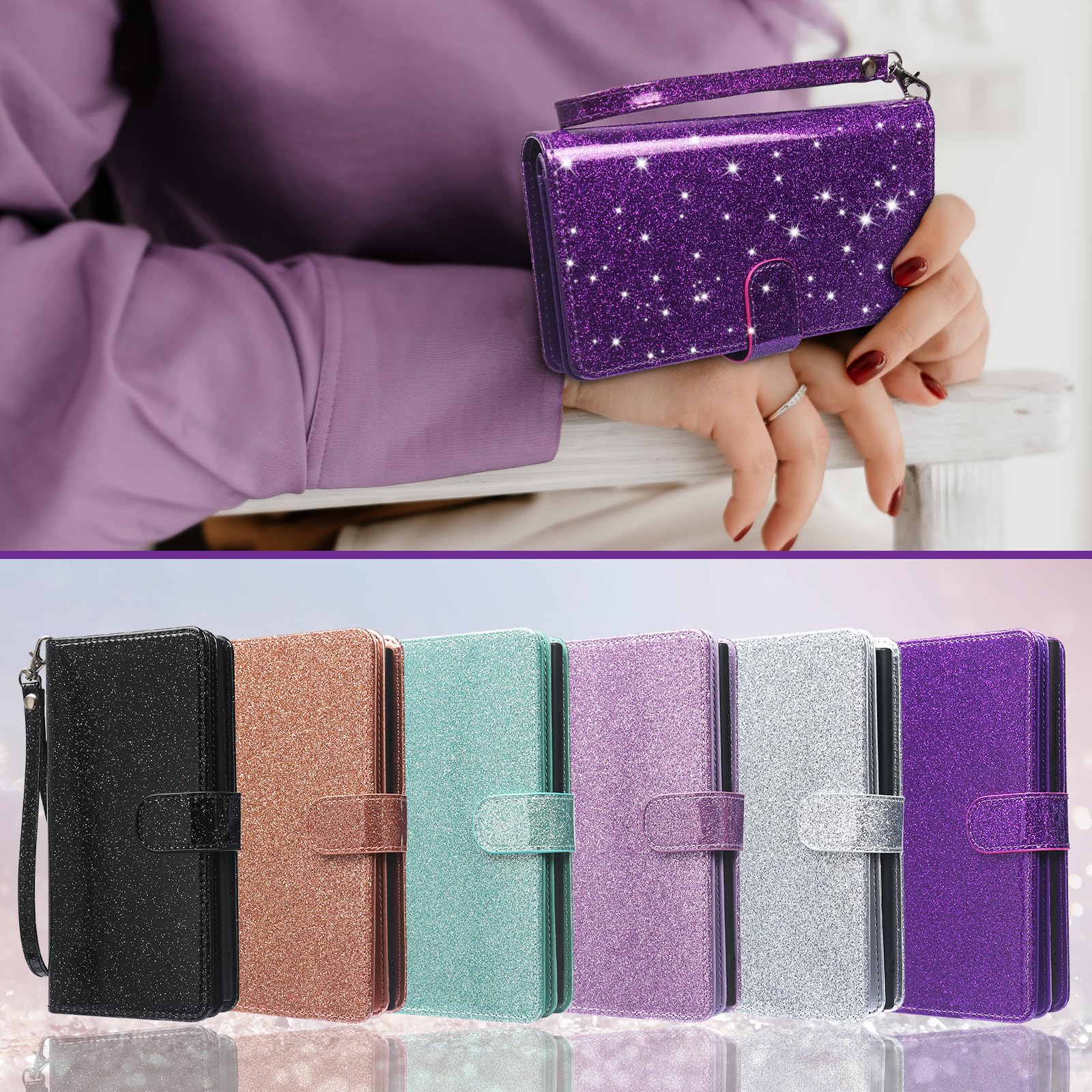 Varikke for iPhone 14 Pro Max Wallet Case Detachable with Card Holder for Women, Fashion Glitter Leather Strap Magnetic Flip Wallet Removable Phone Case Cover for iPhone 14 Pro Max 6.7", Dark Purple
