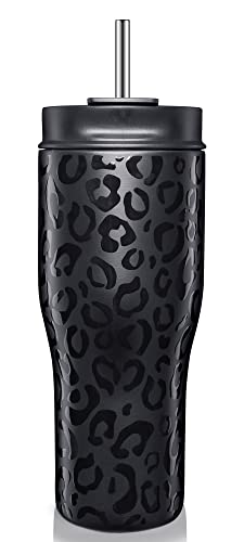 CIVAGO 30 oz Insulated Tumbler with Straw and Lid, Stainless Steel Travel Coffee Mug Cup, Double Wall Vacuum Water Bottle, Black Leopard