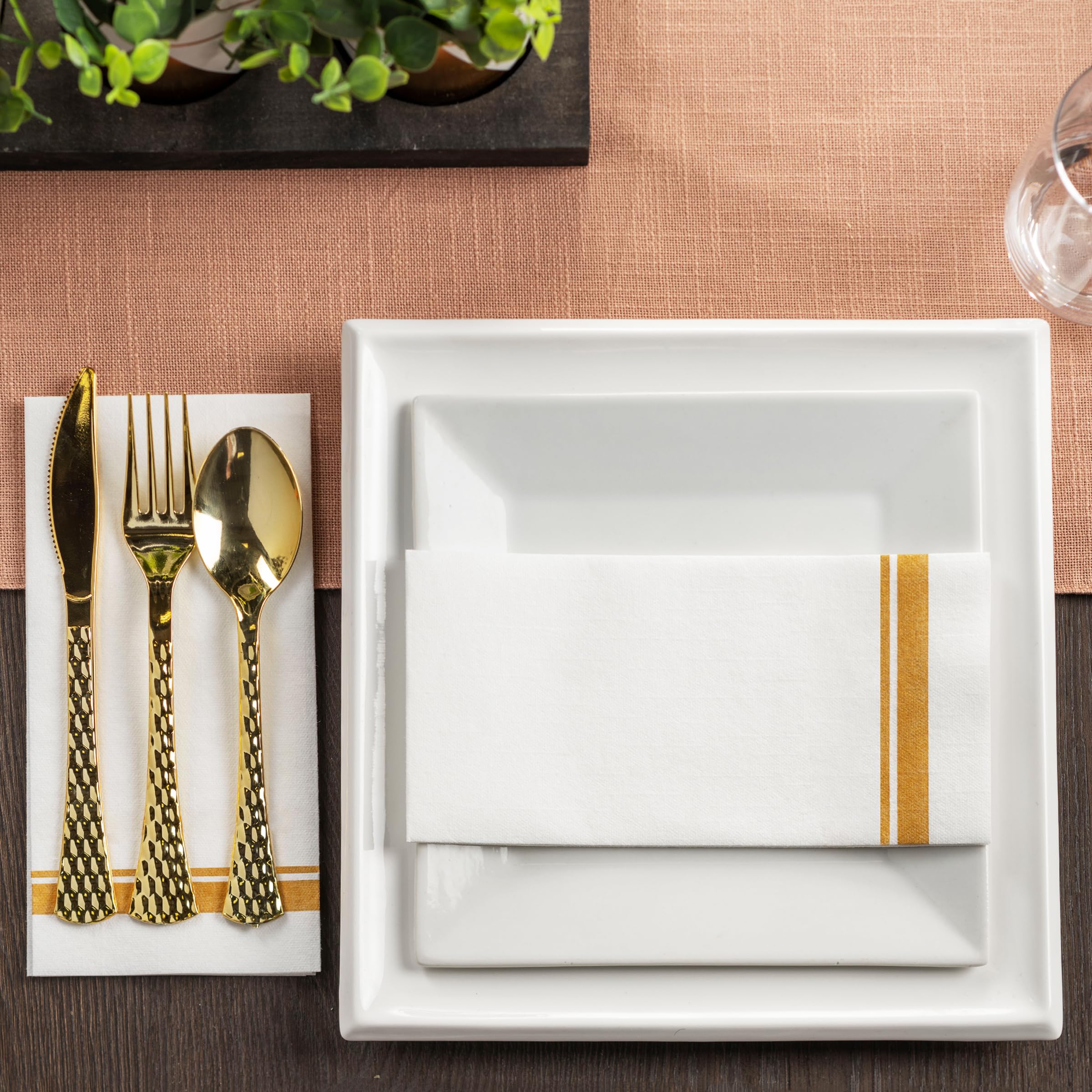 Disposable Linen-Feel Peper Napkins, Decorative White Guest Towels, 12" x 17" Gold Line Hand Napkins For Wdding, Party Or Event - Pack of 100