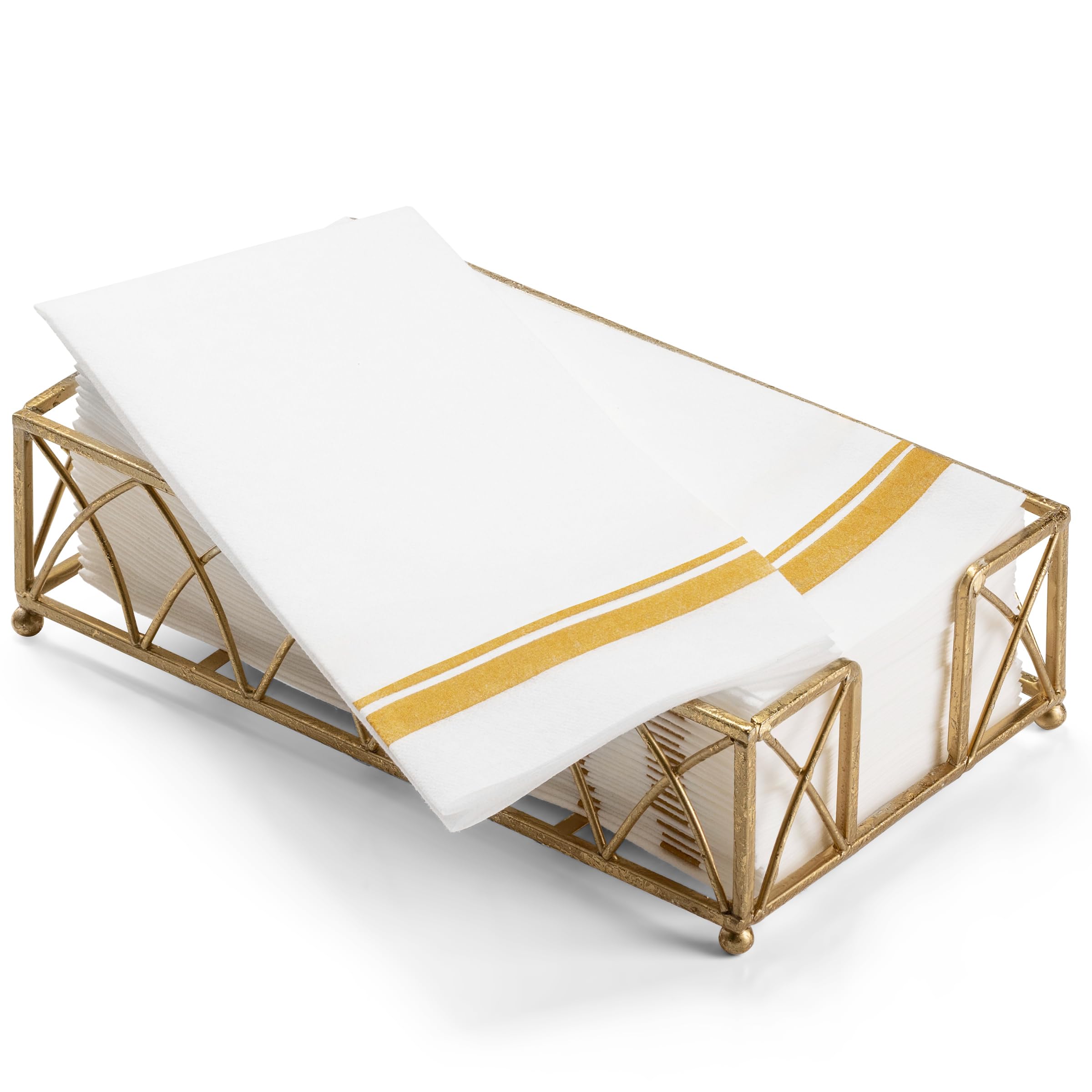 Disposable Linen-Feel Peper Napkins, Decorative White Guest Towels, 12" x 17" Gold Line Hand Napkins For Wdding, Party Or Event - Pack of 100