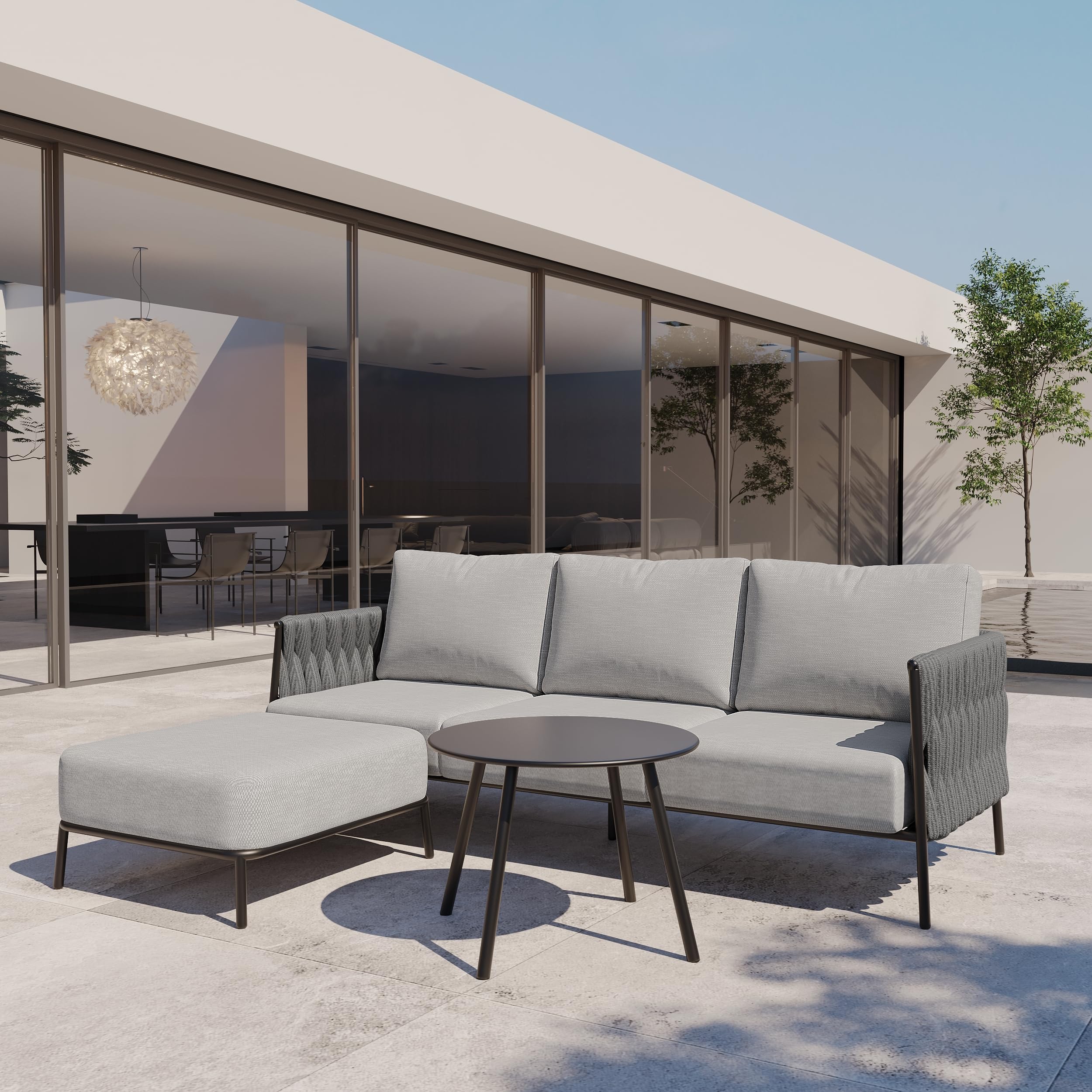 EAST OAK Life Chatter Patio Furniture Set, Outdoor Furniture Sectional Sofa Set with Round Coffee Table, 4 Seats Sofa Deep Seating with Thick & Washable Cushions, Earth Black & Misty Grey