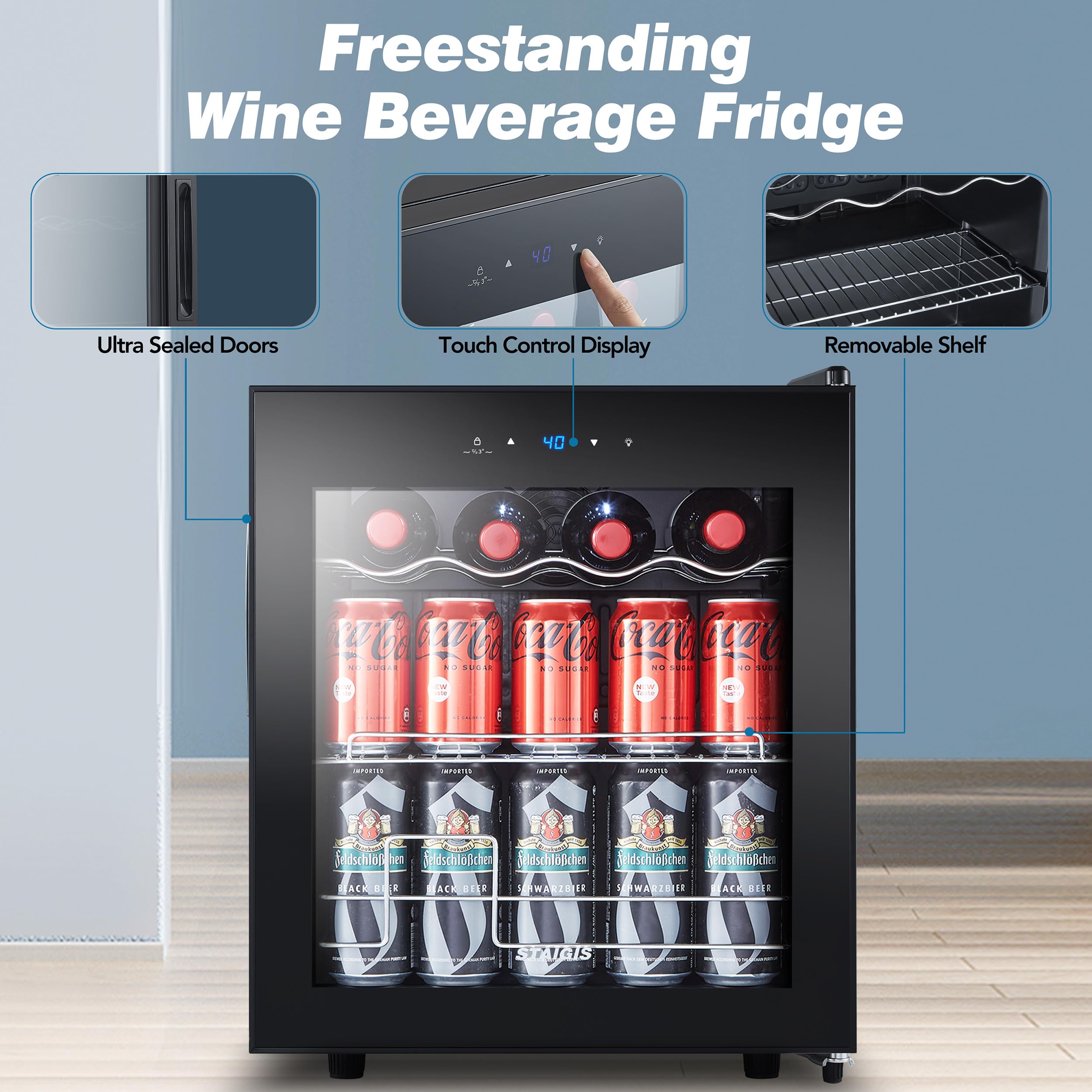 STAIGIS Beverage Refrigerator, 1.6 Cu.ft Mini Fridge w/ 45 Can Capacity, Small Beverage Cooler for Home - Freestanding, Glass Door