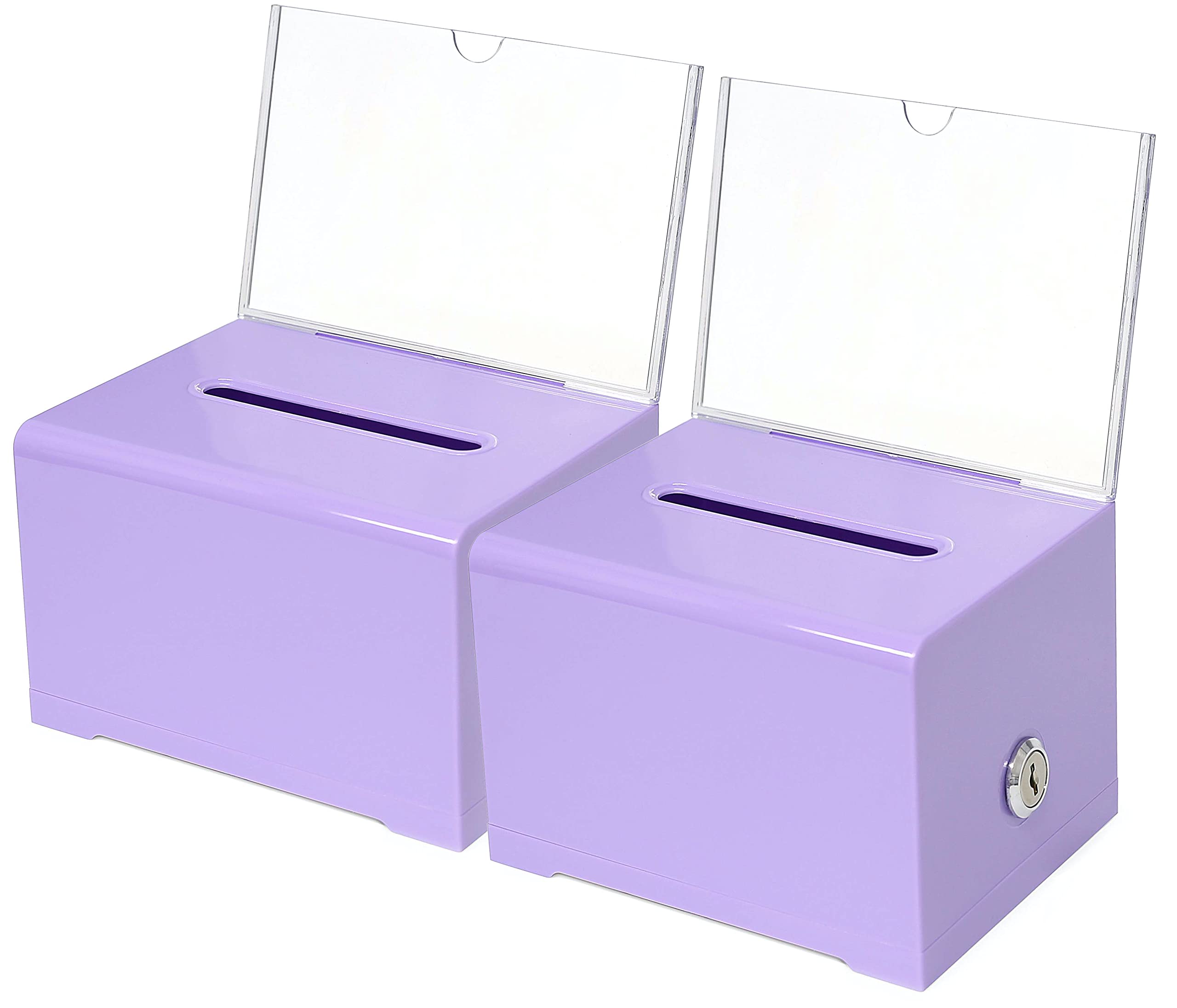 Donation Collection Ballot Box Ticket & Drawing Voting or Comment Box office and fundraising suggestion box 6.25 x 4.75 x 4 inch Box Display Sign Holder 4 x 6 inch with Lock and keys(2 Pack Purple)