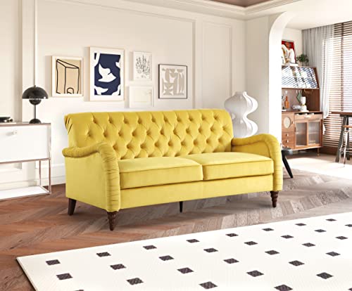 Melpomene Chesterfield-Styled 3 Seater Sofa Couch, Modern 72" Velvet Sofa with Button Tufting, Unique Arm and Wood Legs,Yellow