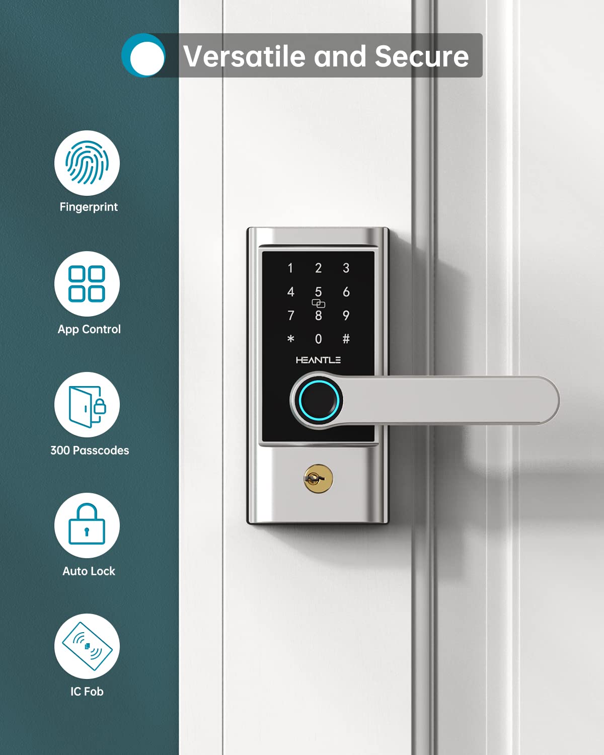 Smart Lock Keyless Entry Door- HEANTLE Fingerprint Bluetooth Electronic Lever Touchscreen Keypad Deadbolt Alternative Digital Handle for Front Door Auto Lock Compatible with Alexa Silver