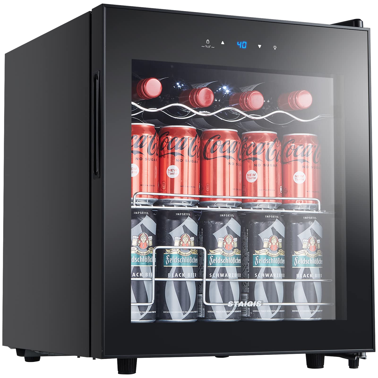STAIGIS Beverage Refrigerator, 1.6 Cu.ft Mini Fridge w/ 45 Can Capacity, Small Beverage Cooler for Home - Freestanding, Glass Door