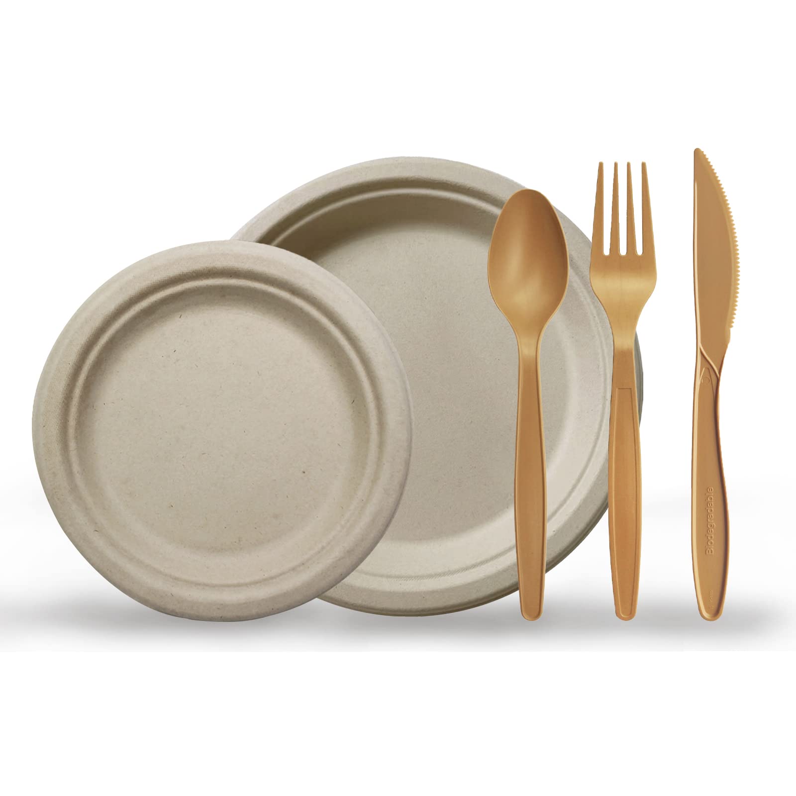 PAMI 250-Piece Eco-Friendly Disposable Dinnerware Set with Biodegradable Plates, Cutlery, Cups, Degradable Tableware for Parties and Events