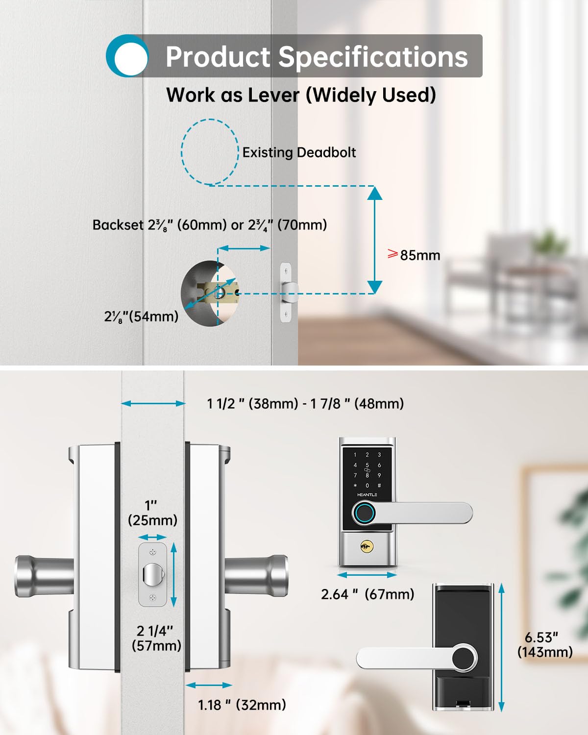 Smart Lock Keyless Entry Door- HEANTLE Fingerprint Bluetooth Electronic Lever Touchscreen Keypad Deadbolt Alternative Digital Handle for Front Door Auto Lock Compatible with Alexa Silver