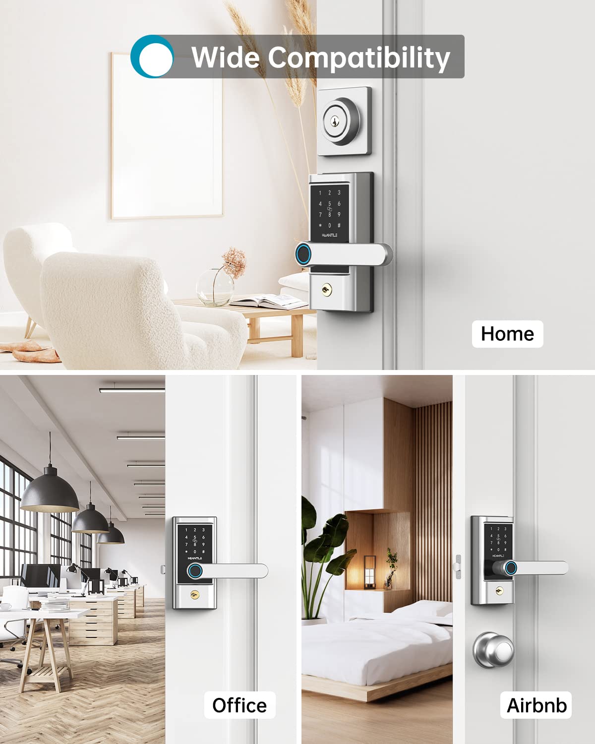 Smart Lock Keyless Entry Door- HEANTLE Fingerprint Bluetooth Electronic Lever Touchscreen Keypad Deadbolt Alternative Digital Handle for Front Door Auto Lock Compatible with Alexa Silver