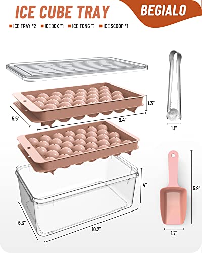 ICEDIVER Ice Cube Tray, Round Ice Trays for Freezer with Lid and Bin, Circle Ice Mold Making 66 x 1.0IN Small Ice Balls,Sphere Ice Makers with Ice Buckets Tongs & Scoop (Pink)