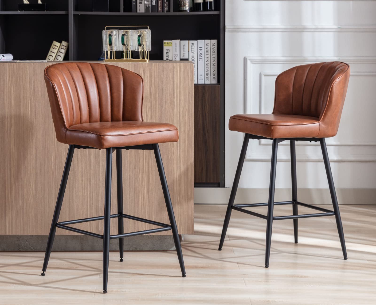EALSON 26 Inch Counter Height Bar Stools Set of 4 Leather Counter Stools with Back Modern Comfortable Bar Chairs with Metal Footrest Upholstered Kitchen Island Stools for Home Bar Dining Room, Brown