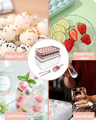 ICEDIVER Ice Cube Tray, Round Ice Trays for Freezer with Lid and Bin, Circle Ice Mold Making 66 x 1.0IN Small Ice Balls,Sphere Ice Makers with Ice Buckets Tongs & Scoop (Pink)