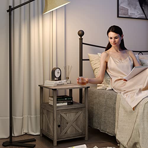 JOINHOM Farmhouse Nightstand Bedroom, End Table with Barn Door and Shelf, Wooden Side Table for Living Room, Office, Bedroom