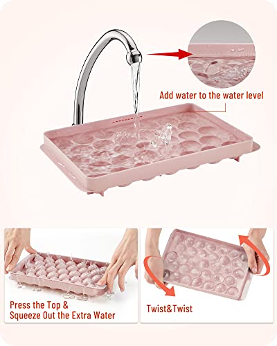 ICEDIVER Ice Cube Tray, Round Ice Trays for Freezer with Lid and Bin, Circle Ice Mold Making 66 x 1.0IN Small Ice Balls,Sphere Ice Makers with Ice Buckets Tongs & Scoop (Pink)