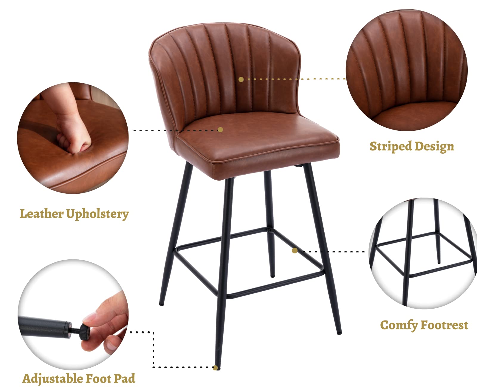 EALSON 26 Inch Counter Height Bar Stools Set of 4 Leather Counter Stools with Back Modern Comfortable Bar Chairs with Metal Footrest Upholstered Kitchen Island Stools for Home Bar Dining Room, Brown
