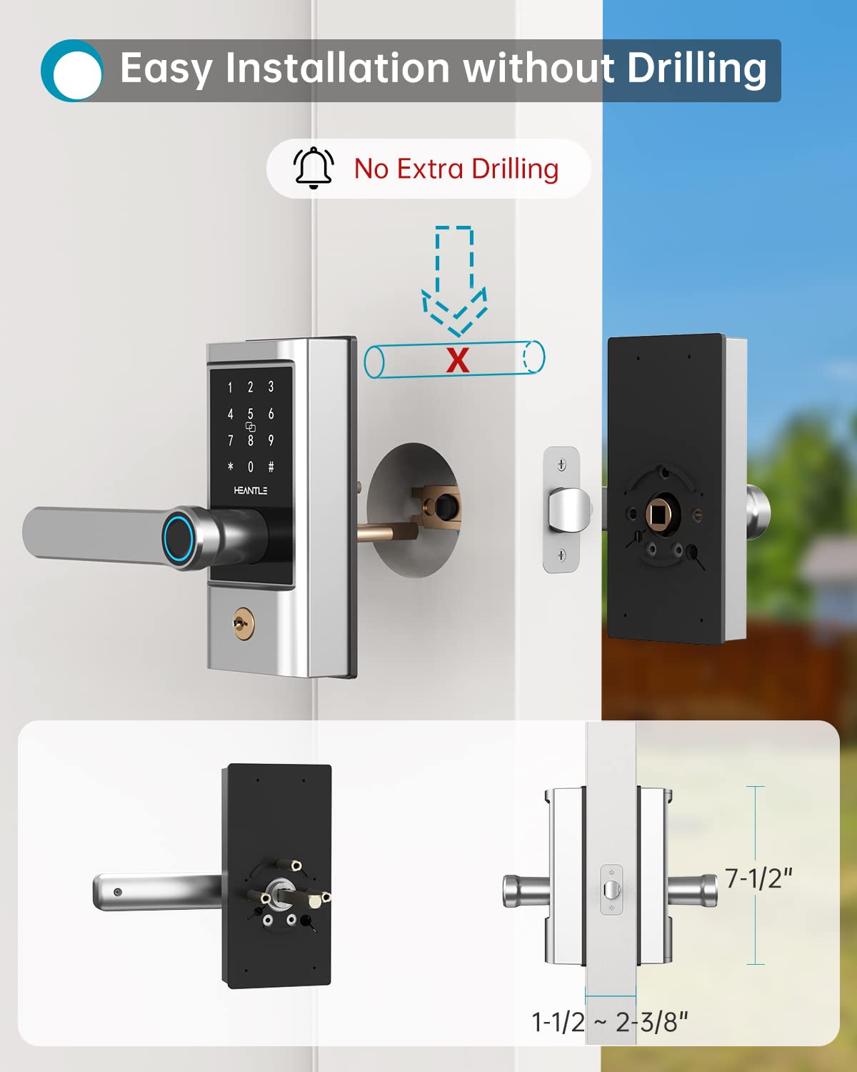 Smart Lock Keyless Entry Door- HEANTLE Fingerprint Bluetooth Electronic Lever Touchscreen Keypad Deadbolt Alternative Digital Handle for Front Door Auto Lock Compatible with Alexa Silver