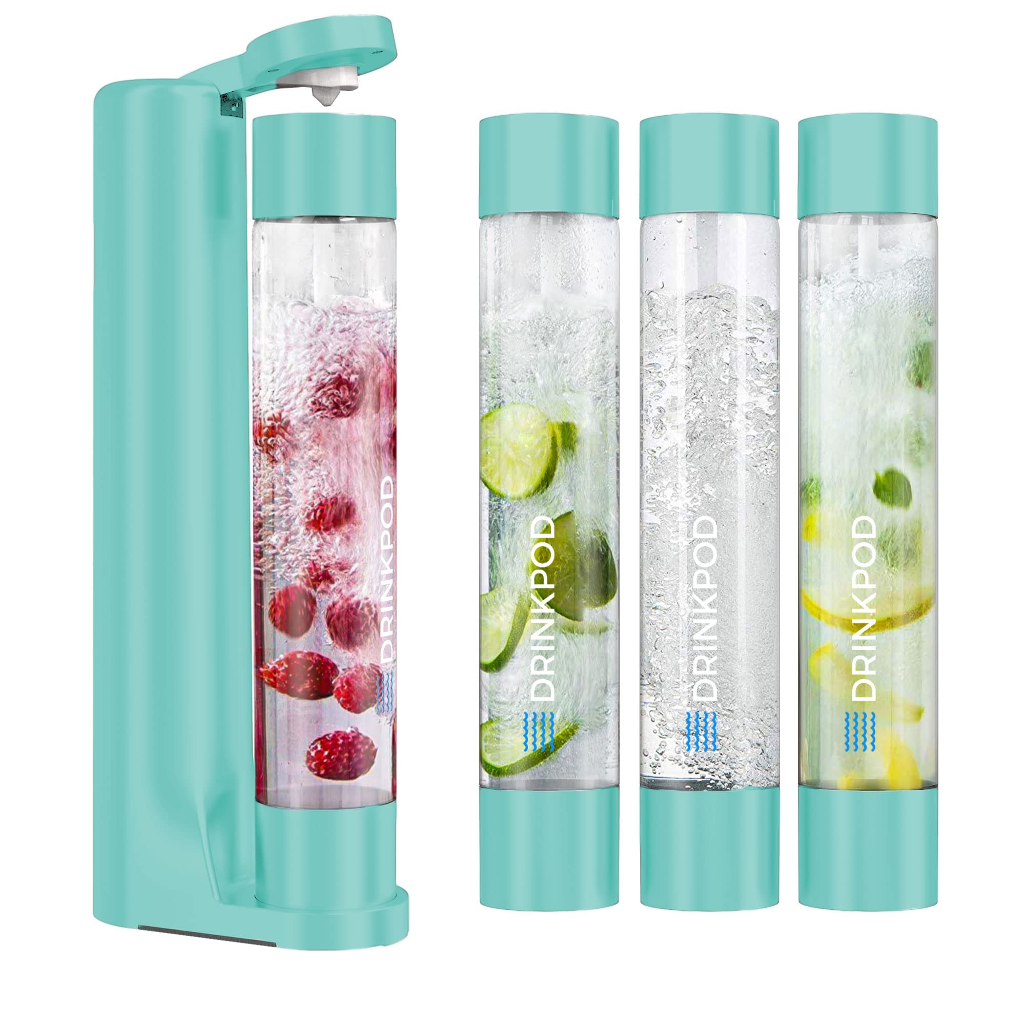 Fizzpod Soda Maker Home Soda Carbonation,Fizzy Bubbly Drink Machine with 3 PET Bottles, 3 Caps, 1 Carbonator Cap and Manual, Coffee, Tea and Cocktail Drinks with Fruit (Aruba Blue)