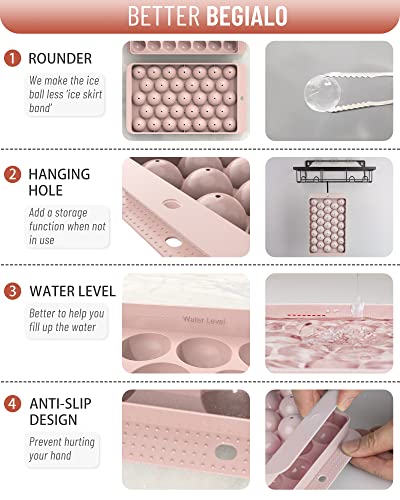 ICEDIVER Ice Cube Tray, Round Ice Trays for Freezer with Lid and Bin, Circle Ice Mold Making 66 x 1.0IN Small Ice Balls,Sphere Ice Makers with Ice Buckets Tongs & Scoop (Pink)